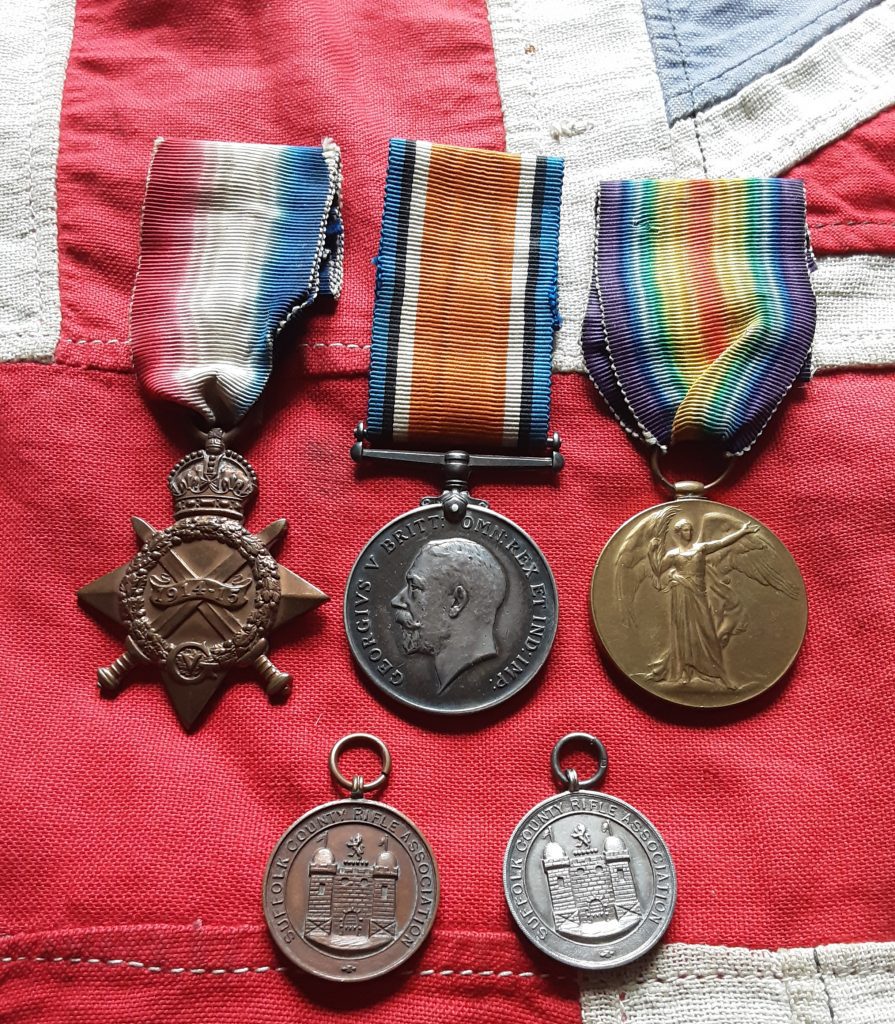 1915 Trio & shooting medals. John Henry Hall 1st Suffolk Regiment ...