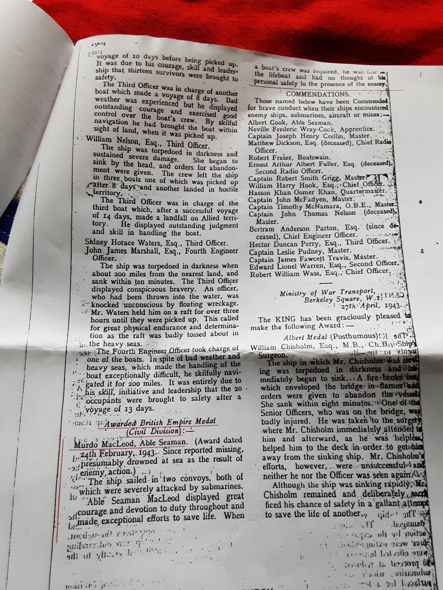 Gallantry Casualty group. Merchant Navy BEM. Murdo Macleod. SS Stockport (Grimsby). Torpedoed by ...